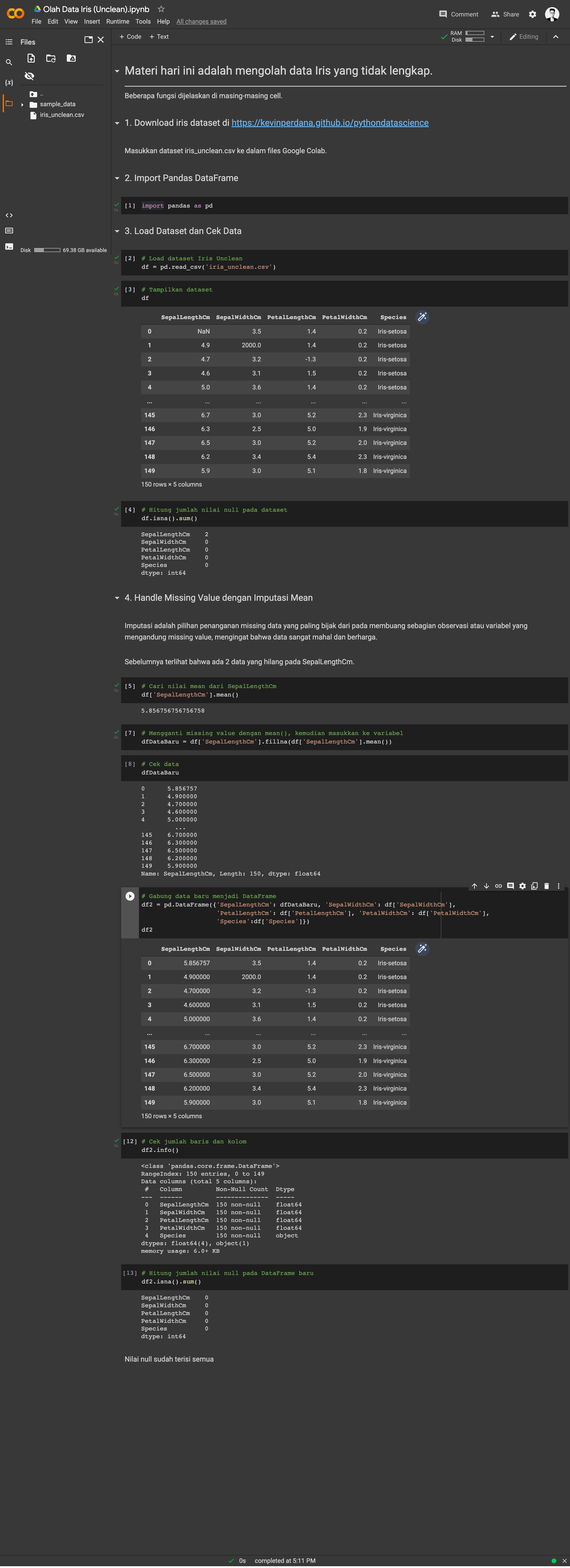 Olah Data Iris Dataset Unclean Pandas Dataframe Kevin Perdana